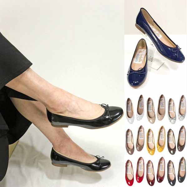 【発売日：2022年06月17日】FF223K017A/神戸のクロシェ/CLOCHE/ファルファーレ/farfalle/バレエシューズ。エナメル合皮に甲のリボン、ソールは堅い合皮シートにゴムの約1cm厚ヒールを貼ったフラットソール。堅めで長...