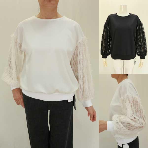 【発売日：2024年09月02日】M-8956/ポリエステル・レーヨンストレッチポンチ素材の丸首カットソー、袖部分はポリエステルチュールネットにモール糸で立体感・透け感を持たせたレースをドッキングしてあります。袖口は同色の綿ストレッチリブニ...