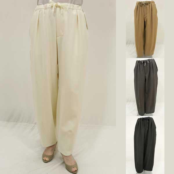 【発売日：2025年11月06日】T8083/ポリエステル・レーヨン・アクリル・毛ストレッチの裏微起毛素材、前ファスナー開きですが、ウエストゴム＆ドローテープの１タック＆ギャザーワイドパンツ、裾の前後中心にダーツを入れて絞ったテーパードコク...