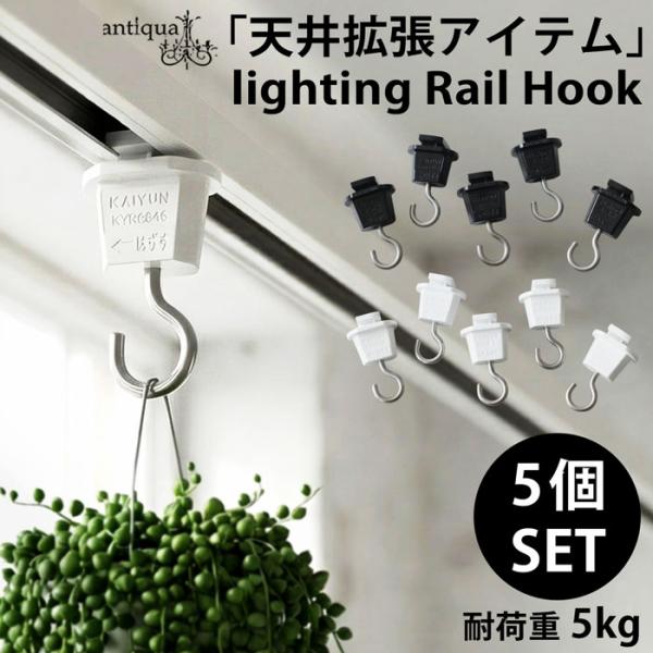 ×メール便不可！※詳細をPCサイトよりご購入前にご確認下さいませ。ダクトレールに差し込んで回すだけの簡単取り付けができるフック5個セット。観葉植物や軽量ディスプレイ、小物の吊り下げ収納に便利で、天井スペースを活かしたインテリア演出に最適。工...