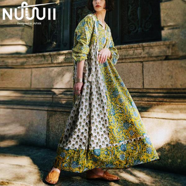 ◎メール便可！※詳細をPCサイトよりご購入前にご確認下さいませ。綿100のドビー織りエアコットンに木版風の総柄を切替で配したロングワンピース。キーネックのネックラインと長袖の袖丈、足首までの丈感、ゆったりとしたAライン形状がやわらかなシルエ...