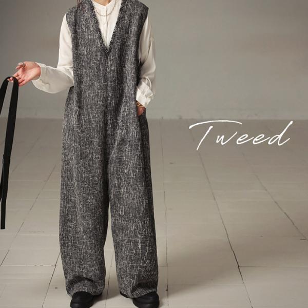×メール便不可！※詳細をPCサイトよりご購入前にご確認下さいませ。【検索ワード】ツイードオールインワン オールインワン レディース ボトムス ロング ノースリーブ Vネック ツイードライク ツイード風 バックファスナー ポケット付き ストレ...
