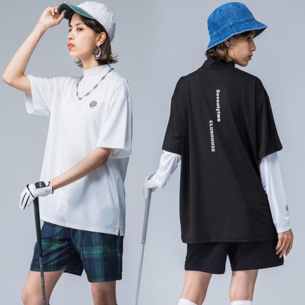 【検索ワード】ANTIQUA GOLF×seventytwo clubhouse【STCH】 ロゴTシャツ Tシャツ レディース トップス 半袖 五分袖 モックネック ロゴ ロゴプリント ロゴT シンプル ゆったり バックデザイン バックプ...