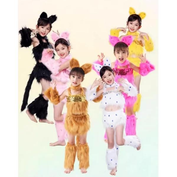 商品詳細  子供ダンス衣装 動物コスチューム ネコ　着ぐるみ 仮装 変装 キッズダンスウェア 内容   トップス 袖カバー スカート ネックウエア 髪飾り レッグウォーマ 尻尾 全セット サイズ   100：身長90-100cm　体重10-...