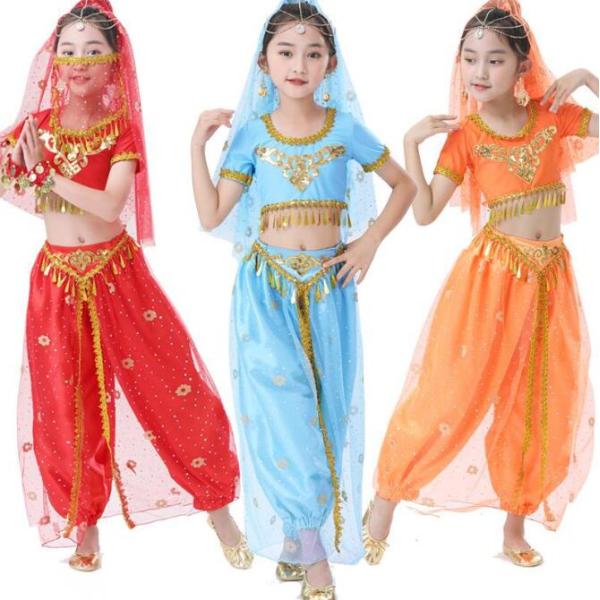 商品詳細  子供 アラビアン 全身コスチューム ジャスミン風ベリーダンス衣装 内容   トップス＋パンツ2点セット：3500円 衣装＋髪飾りとベール4点セット：3880円 サイズ（cm）  S：身長100-110cm適応　正常体重  M：身...