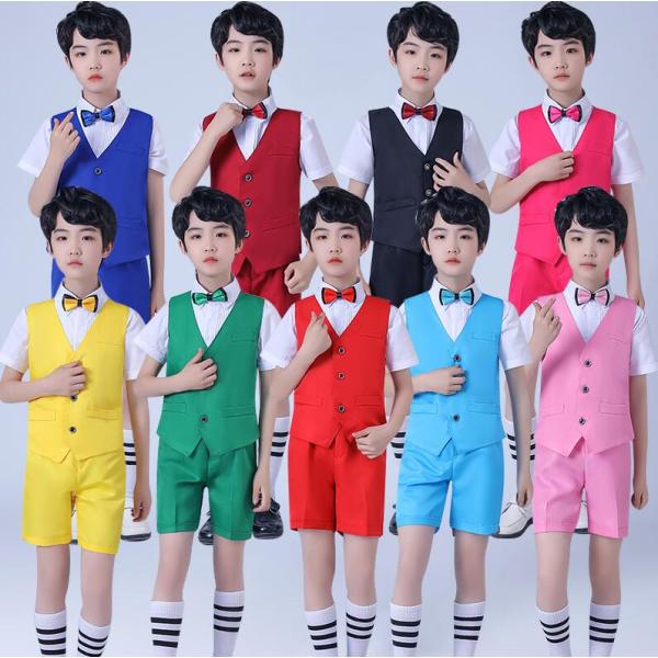 商品詳細  子供ダンス衣裳　男の子ベストスーツセット 内容   ベスト、シャツ、ショートパンツ、蝶ネクタイ、靴下 サイズ（cm）  110：身長100-110　体重15-18KG 120：身長110-120　体重18-22KG 130：身長...