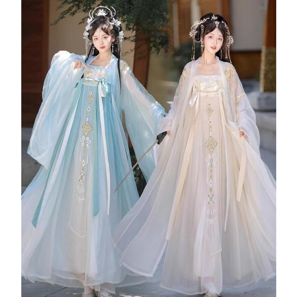 商品詳細  中華コスプレ衣装　漢服　チャイナ服 内容   2点セット：刺繍羽織＋ワンピース 3点セット：刺繍羽織＋白無地羽織＋ワンピース サイズ（cm）  S：バスト90以内　ワンピース丈115　身長152-160　体重55KG以内  M：...