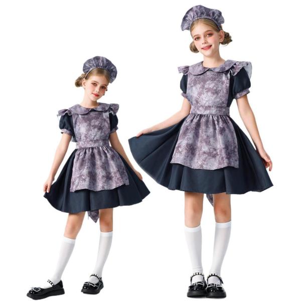 商品詳細  子供メイド服　ハロウィンメイドコスチューム 内容   ワンピース、エプロン、髪飾り、靴下 サイズ（cm）   110：バスト64　ウエスト60　肩幅29　着丈56 120：バスト68　ウエスト64　肩幅30　着丈60 130：バ...