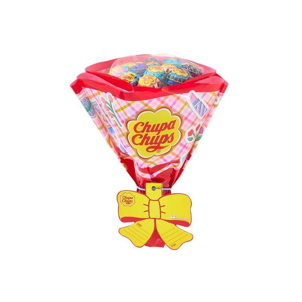 チュッパチャプスの人気フレーバーを花束型にラッピングしました。グレープ味、コーラ味、ラムネ味、ストロベリークリーム味の詰め合わせです。内容量12本かわいい花柄のラッピング！ホワイトデーや入学・卒業、お誕生日などお祝いのプレゼントに最適です。