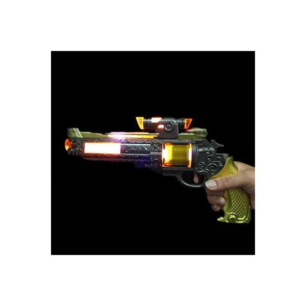 サウンドが流れる光るピストルが登場！トリガーを引くと大迫力のサウンドと光りながら銃身がスライドします。サイズ（約）：H170×W300×D40mm　2色アソート（色の指定不可）電池付き：単3電池×3本使用