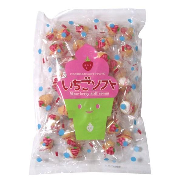 ソフトクリームのかたちをした一口サイズのいちご味マシュマロです。