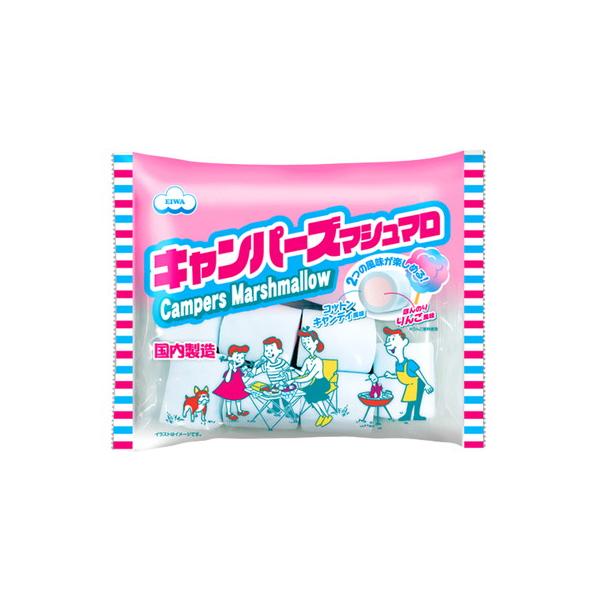 2層構造で2つの味わいが楽しめるマシュマロです。キャンプやバーベキューで焼いて食べるのはもちろん、そのままおやつとしてもお召し上がりいただけます。内容量145g
