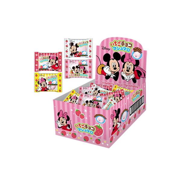 ミッキー＆ミニーのいちごチョコマシュマロです。いちごパウダー入りのいちごチョコクリームを、ふんわりとしたマシュマロで包んだ、個包装タイプのいちごチョコマシュマロです。