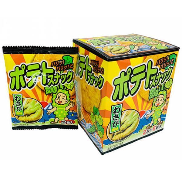 パリパリッとした食感のわさび風味のスナックです。ピリッとわさび風味の効いた大人向けのポテトスナックです！くせになる辛さで、お酒のお供にもオススメです。