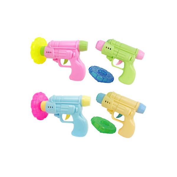 ピストル型のシューターにコマをセットしてトリガーを引けばコマがかっこよく回る！ポップなカラーと面白さ爆誕！ ポップシューティングUFOです。サイズ（約）：W105×D30×H80　4色アソート※返品(返金・交換)対象外商品