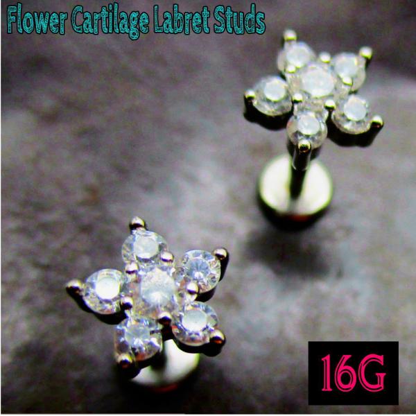 【サイズ】16G（1.2mm）シャフトは6mmと8mmの2種類【シャフト・キャッチの素材】サージカルステンレス316L【モチーフの素材】真鍮【ストーンの素材】キュービックジルコニア（人工ダイヤモンド）6石のキュービックストーンをセットした小...