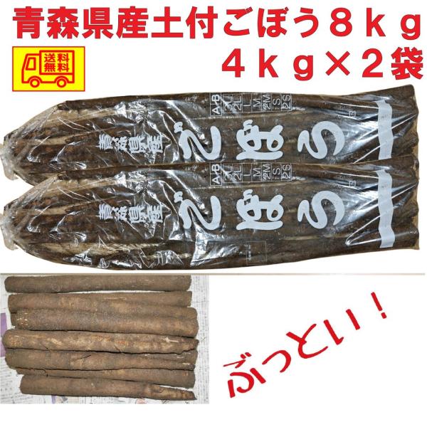 青森県産　　土付　ごぼう　L〜３L　8ｋｇ（４ｋｇ×2袋）になります。青森県産のごぼうになります。この地域は夏場に「偏東風（ヤマセ）」とよばれる冷たい風が吹きつけ、普通であれば農産物の生産に不利な気候ですが、冷涼な気候を好むゴボウにとっては...