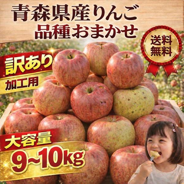 青森県産　りんご　品種おまかせ　加工用　９〜１０ｋｇ　生食可　送料無料！　になります。24~70玉程度になります。（主に32〜50玉）品種は、サンふじ、有袋ふじ、王林、ジョナゴールド、シナノゴールド、などおまかせとなります。色は赤系、黄系、...