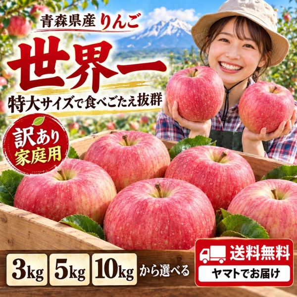 青森県産 りんご 世界一ご家庭用 訳あり品3kg　6~10玉送料無料名前の通りとっても大きな青森県産のりんご「世界一」を、ご家庭用の訳あり品として、お買い得価格でお届けします。【内容量】3kg6〜10玉程度※玉数は、りんごの大きさや重量によ...