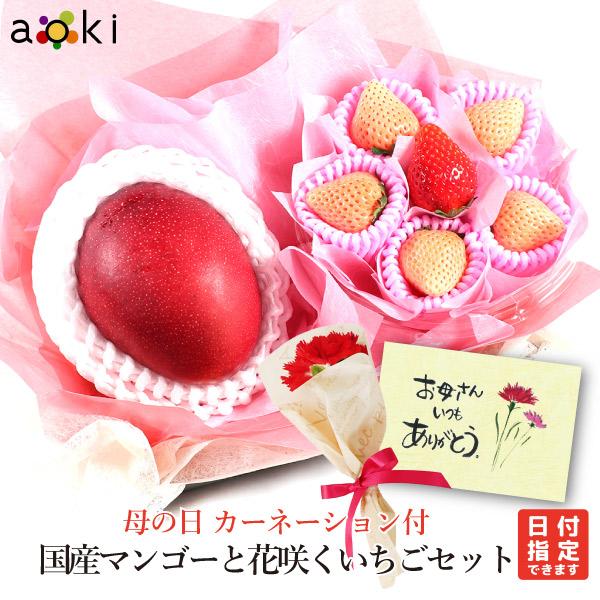 ●内容　カーネーション生花 1個 1個あたり　20g前後 ／紅白いちご 1セット 1セットあたり　80g前後 ／国産マンゴー1個 1個あたり　350g前後●産地　カーネーション生花 国産　／紅白いちご 茨城県・福島県他　／国産マンゴー 宮崎...