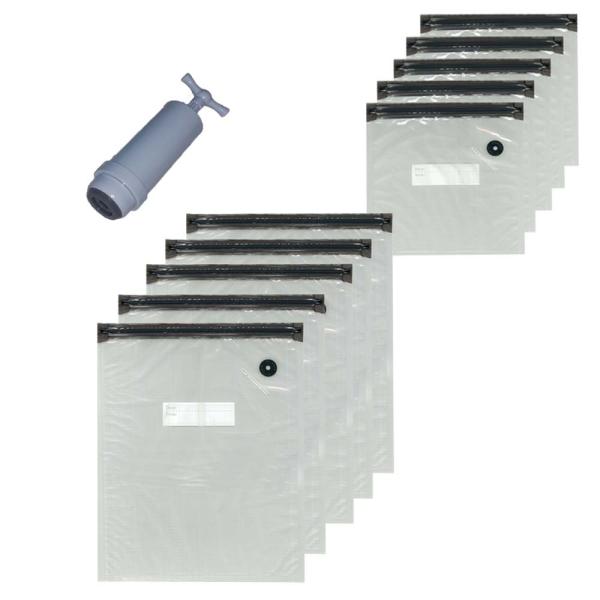 使い方・ご注意1.袋に食品を入れます。2.付属の密封用スライダーをスライドさせ密封します。3.袋を硬い平らな面に置きます。（凸凹の無いテーブルやシンク等）4.丸いエアーバルブにハンドポンプあて空気を吸い出します。　（ハンドポンプ以外にも充電...