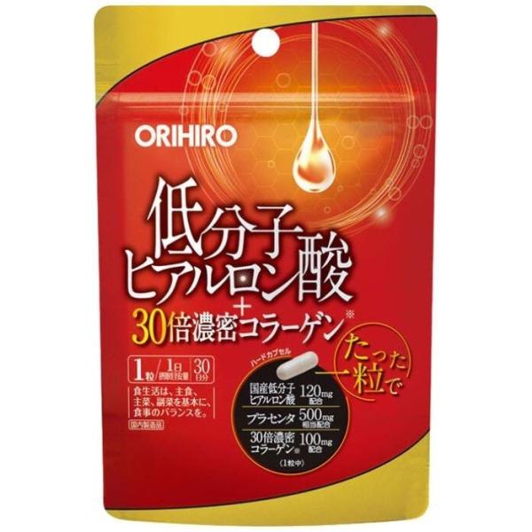 オリヒロ 低分子ヒアルロン酸+30倍濃密コラーゲン プラセンタ 30粒●国産の低分子のヒアルロン酸 120mg(1日目安量中)体の潤いが気になる方にご満足頂けるよう、国産の低分子ヒアルロン酸をしっかり120mg配合しました。※一般的にヒアル...