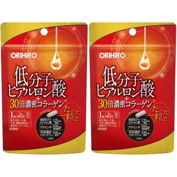 オリヒロ 低分子ヒアルロン酸+30倍濃密コラーゲン プラセンタ 30粒●国産の低分子のヒアルロン酸 120mg(1日目安量中)体の潤いが気になる方にご満足頂けるよう、国産の低分子ヒアルロン酸をしっかり120mg配合しました。※一般的にヒアル...
