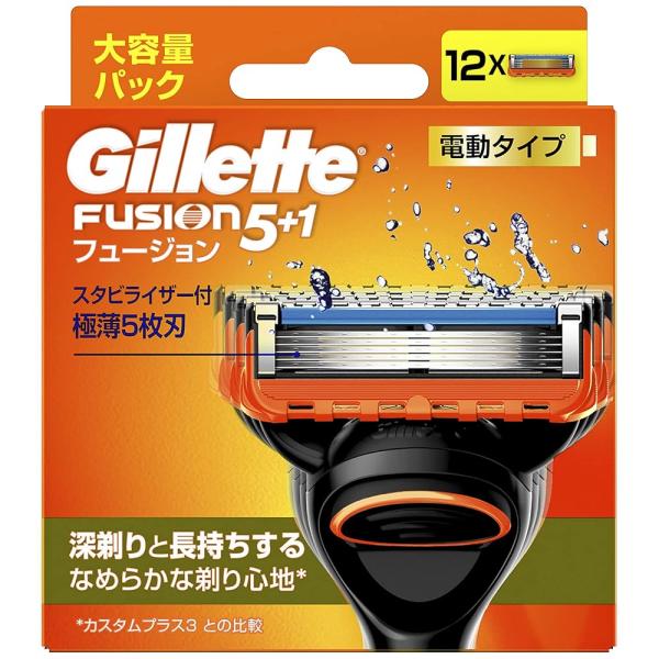 ジレット フュージョン 電動 替刃 12個 カミソリ 髭剃り 純正スタビライザー付極薄5枚刃 ジレット史上、最高の極薄刃で肌へのひっかかりを最小化。19%の肌への圧力軽減**。 **カスタムプラス3 との比較マイクロフィンガード ヒゲを立た...