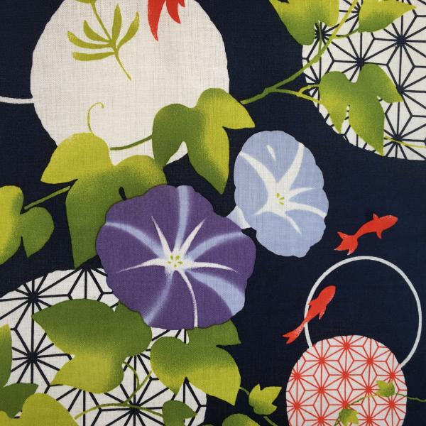 絵手ぬぐい「麻の葉金魚/濱文様」（初夏・夏・季節・金魚・朝顔・麻の葉）金魚さんスイスイ気持ちよく泳ぐ麻の葉の水玉も涼し気てぬぐいタペストリーにもいいですね。濱文様/手捺染サイズ 約長さ90cm×幅34cm布の伸縮により、多少の誤差があります...