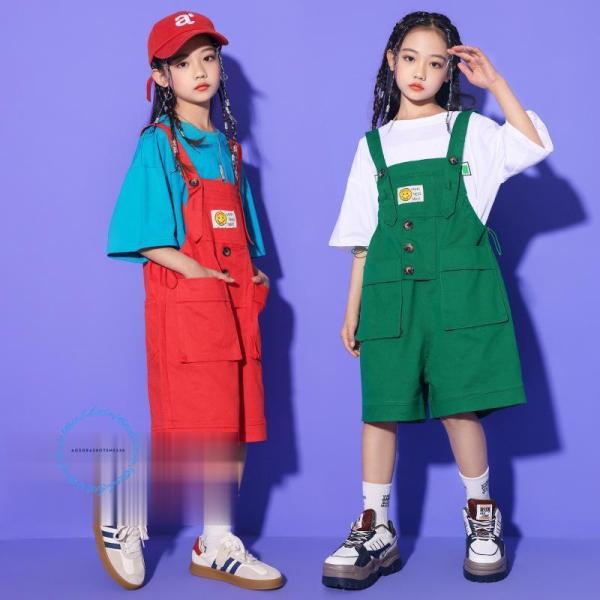 キッズダンス衣装 オーバーオール サロペット ヒップホップ 半袖Tシャツ 白 黒 ブルー レッド 派手 つなぎ  女の子 男の子 ステージ衣装  練習着  体操服 応援団 発表会 舞台衣装 演出服  ストリート 個性的 韓国 おしゃれ 素材...