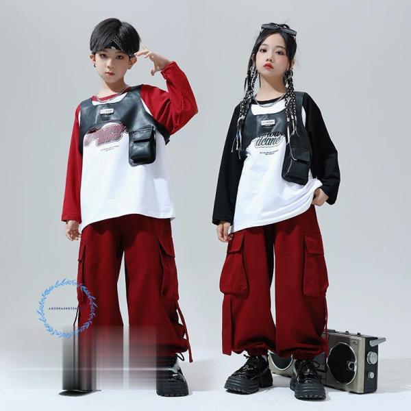 キッズ ダンス衣装 派手 ヒップホップ セットアップ 革ベスト 長袖Tシャツ カーゴパンツ 韓国 団体服 応援団 男の子 女の子K-POP おしゃれ 演出服 ステージ衣装  110〜180cm素材：ポリエステル、コットン商品内容：セット：革...