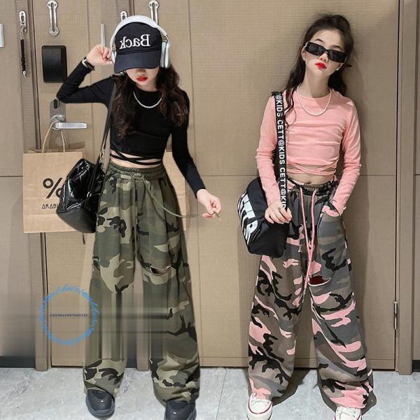子供服 ダンス衣装 キッズ 迷彩パンツ ピンク グリーン 長袖Tシャツ 女の子 ヒップホップ ジャズ ダンスウェア 普通着 練習服 原宿 団体服 ストリート カジュアル 120-170cm おしゃれ カッコイイ ステージ衣装　素材：ポリエス...