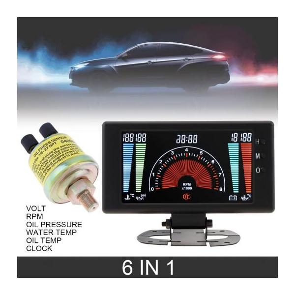 automobile motorcar オートモービル モーターカー カー 車 自動車 車両 5インチ 6in1 多機能 デジタル LCD ゲージ オイル プレッシャー ゲージ + 電圧計