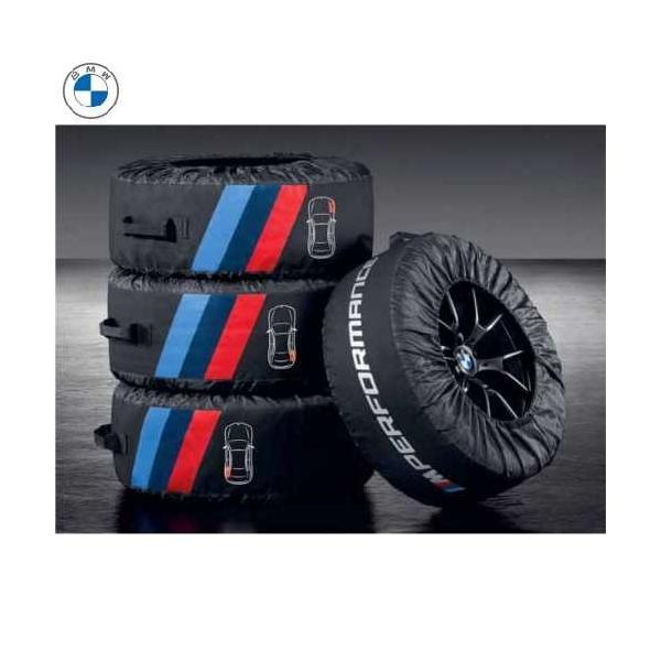 タイヤとホイールの保管時および輸送中の車両とドライバーを保護し、汚れから守ります。持ち運びしやすいハンドル付き。3色のMカラーのストライプ、Mモデルのイラスト、M Performanceロゴ付き。4個セット。