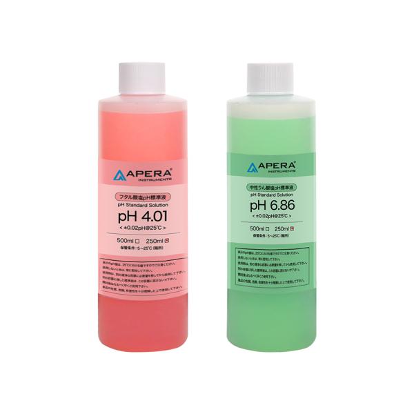 pH4.01フタル酸塩標準液250ml 1本、pH6.86中性りん酸塩標準液250ml 1本、合計2本のセットです。pH計は、定期的に校正する必要があります。電極の洗浄後、メンテナンス後、再生後、交換後、長期間保管後には、校正を推奨しており...