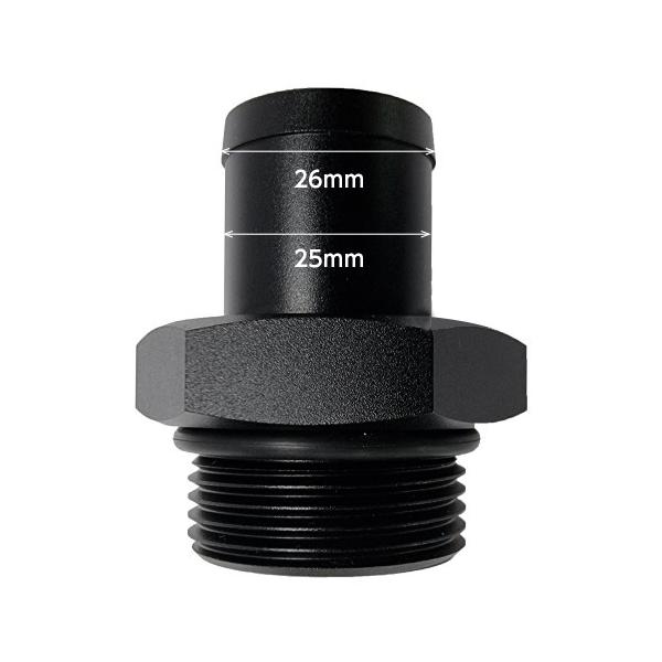 EWP115(アルミ合金）/150のAN16ネジIN側、OUT側へ取り付けが可能。19mmホースへの異径変換アダプター。