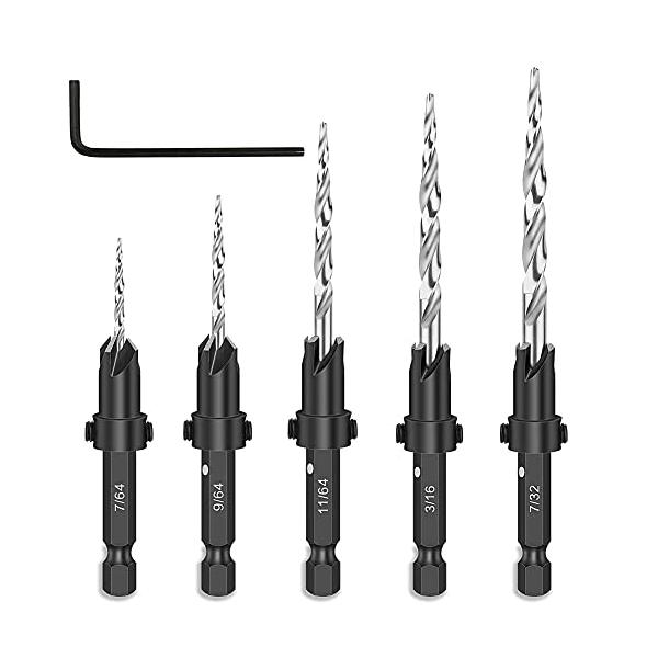 【商品説明】　・5本セット 木工ドリルビット、軸径:6.35mm六角軸 、サイズ： 7/64、9/64、11/64、3/16、7/32。皿穴ドリルビット5本セットは、レンチで固定するので、面取り作業はスムーズに、精確に、バリなしにできます。...