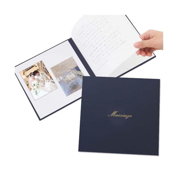 【商品説明】　・サイズ： 縦21cm×横21cm　厚さ0.5cm・二面　中枠1枚+手紙用3Ｐタイプの便せん2枚(1枚は予備用）・柄色： ゴールド・表紙素材： PV　高級感のあるビニールレザー・表紙色： 紺※未決済で３日経過した場合は、ご案内...