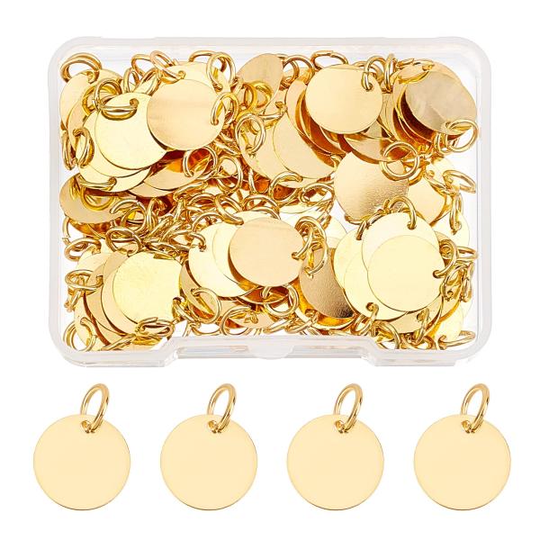 【商品説明】　・お得な100個セット：セットには100個のフラットラウンドブランクタグチャームを含めます。サイズは直径約12mm、厚さ約0.25 mm、穴：4mmです。ゴールデン色はあなたにヴィンテージの魅力を追加します。豊富な量はあなたに...