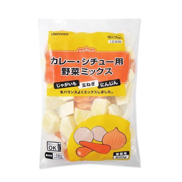 [ 商品特徴 ]・じゃがいも50％、玉ねぎ30%、にんじん20%。下処理、カット済みなので簡単、時短調理。・カレー、シチュー、肉じゃが、ポトフにお勧めです。[ 常冷区分 ]冷凍[ メーカー名 ]ユニフーズ株式会社[ 規格 ]500g[ 調理...