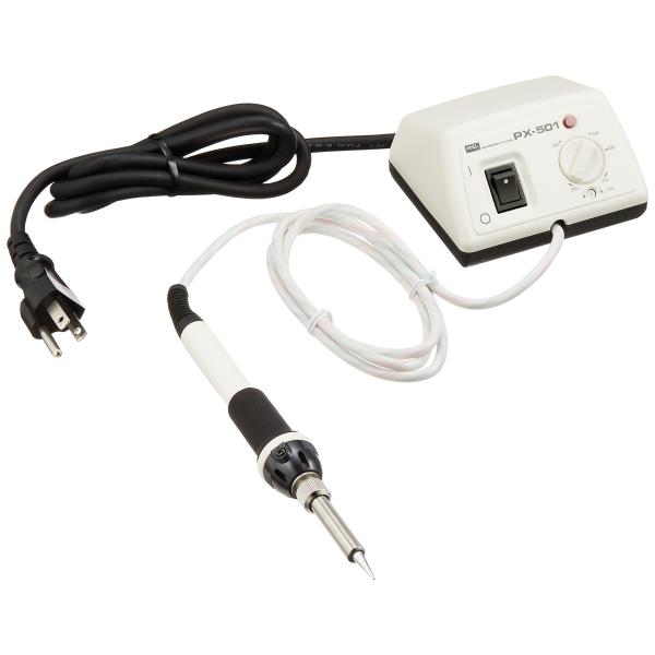 【商品概要】RoHS2対応定格電圧: 100VAC消費電力：85W電源コード長さ：1.5m(3芯コード・アースピンプラグ)温度設定範囲：250-450℃リップル温度：無負荷時±5℃絶縁抵抗：100MΩ以上（500VDC）ステーション部寸法：...