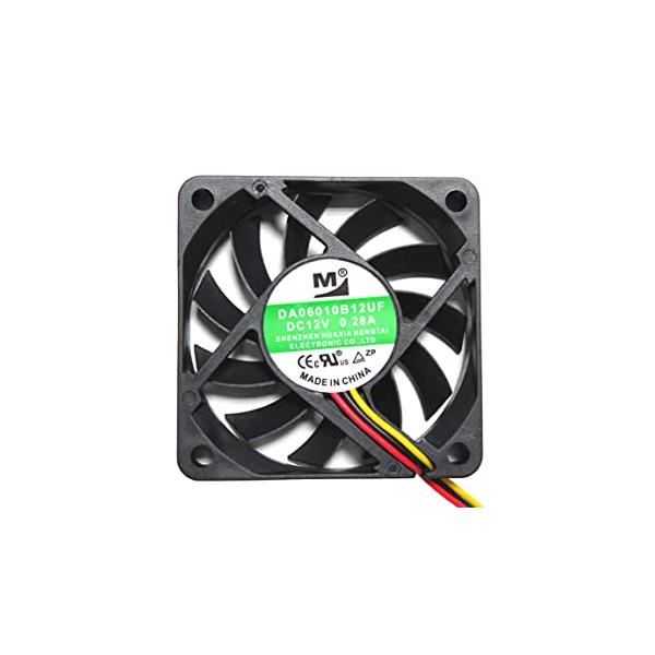 【商品概要】サイズ60×60×厚さ10mm。定格電圧12V。　動作電圧範囲7.0〜13.8V。定格電流値0.15A、最大電流値0.28A。回転数5000rpm。風量20.95CFM。静圧4.11mmH2O。騒音値37.5db。軸受構造 2ボ...