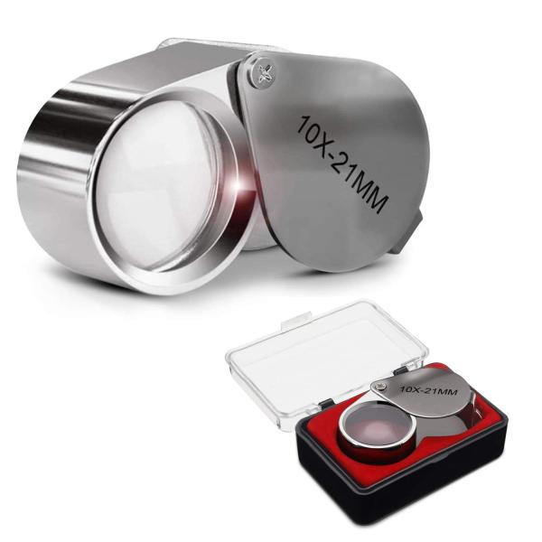 【商品概要】【仕様】商品名:折り畳み式 ルーペ；展開時全長：54mm、折りたたみ後33mm、鏡面レンズ径21mm；倍率:10倍；自然光；シルバー【材質】レンズ素材/ガラス；フレーム素材:アルミニウム合金【10倍倍率】折り畳み式携帯用ルーペ拡...