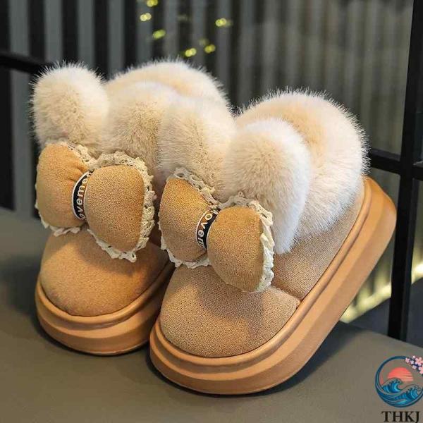 ルームシューズ 子供 女の子 ガールズ キッズ 裏ボア ふわふわ もこもこ あったか 保温 リボン かわいい 室内履き 厚底 綿スリッパ PVC底 秋冬 カーキ ブラック