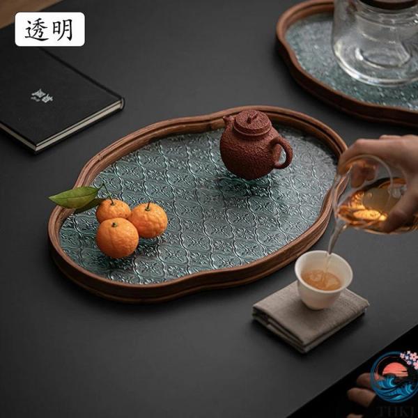 花海堂柄 トレー 茶席 トレイ ガラス 竹製 お盆 茶台 茶盤 レトロ おしゃれ インテリア 小物入れ 茶道具 中国茶器 急須受台 急須置き ティートレー お家 カフェ