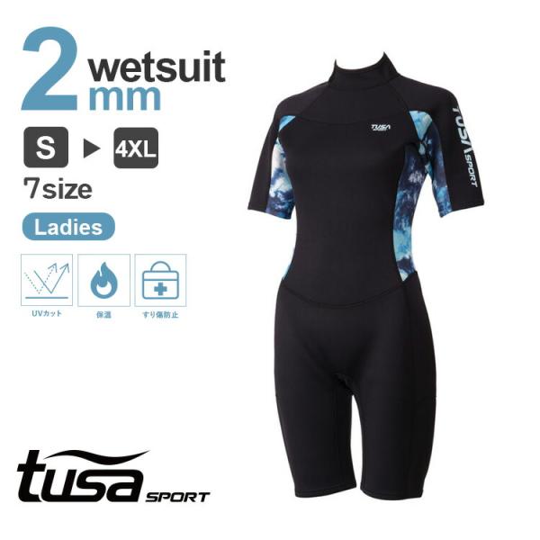 TUSA SPORTS ツサスポーツ マリンウェア レディース ウェットスーツ UA5307■カラー、サイズ。水着、ラッシュガードよりも保温効果が高く動きやすいウェットスーツ。■仕様・ 生地：表地/裏地 ナイロン100％。・ 柄生地：ポリエ...