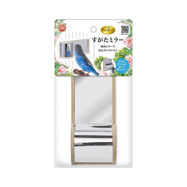 いろんな姿を楽しめる鏡のおもちゃです。／反射させる位置や鏡の向きによって見え方が異なります。／ケージ等の側面に取り付けて使用できます。／天然木を使用しているので、小鳥がかじっても安心です。