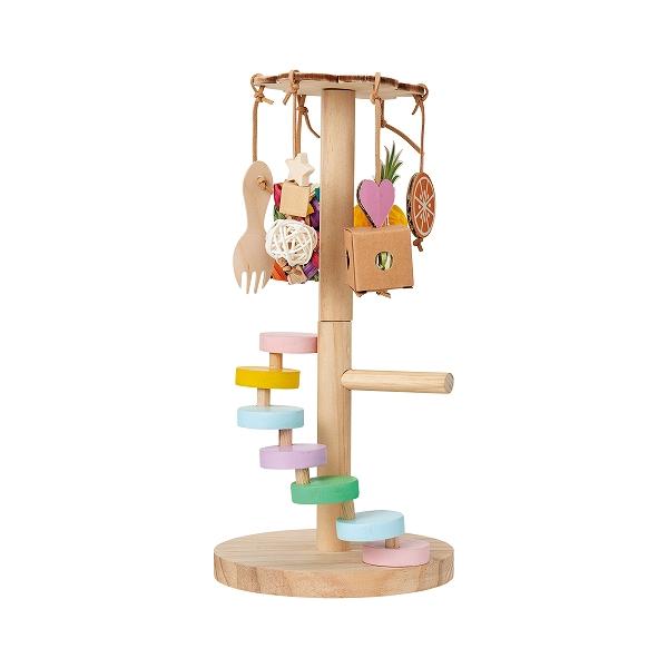 ゆらゆら揺れるチャームをつついたり、かじったりして遊べる、くるくる回るメリー型のおもちゃです。・チャームの中におやつを入れて楽しくコミュケーションを取ることができます。・階段付きでいろいろな遊び方が楽しめます。