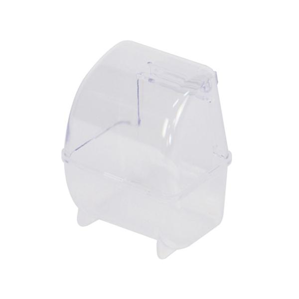 フルカバーでエサやエサ殻が飛び散りにくい小鳥用食器。クリアーな本体は色の刺激が少なく小鳥に優しい。ケージ内の空間を圧迫しない外付け式です。