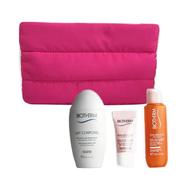 [商品名]ビオテルムピンクポーチ3点セット（クレンジングオイル保湿ジェルボディミルク）[商品説明]BIOTHERMは、肌への刺激のもととなる成分の使用を最小限に抑え、お肌に優しいスキンケアを提案しています。ポーチ入りのセットでご旅行や持ち運...